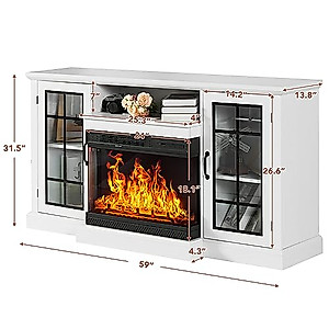 oneinmil Fireplace TV Stand with 3-Sided Glass Electric Fireplace,59'' Modern Media Entertainment Center with Farmhouse Glass Door Storage Cabinet, TV Cabinet for TVs up to 65",for Living Room,White