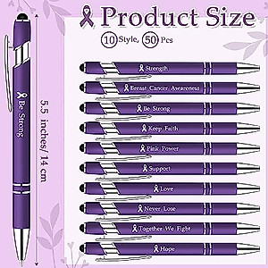 Tenceur 50 Pcs Breast Cancer Awareness Pink Ribbon Ballpoint Pen with Stylus Tip Black Ink Pens Touch Screens Breast Cancer Gifts for Women Girls Charity Social Event Office Supplies (Purple)
