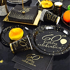 Gatherfun 60th Birthday Party Supplies Disposable Paper Plates Napkins Cups Knives Spoons Forks Tablecloth Banner Number 60 Balloons for Men Woman Black and Gold 60 Birthday Party Decorations Serve 25