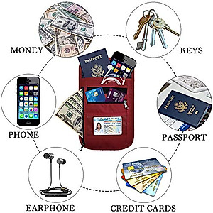 OMYSTYLE Travel Neck Pouch, RFID Passport Holder with Adjustable Neck Strap, Waterproof Neck Wallet for Men & Women to Keep Cash, Credit Cards and Documents Safe, Red