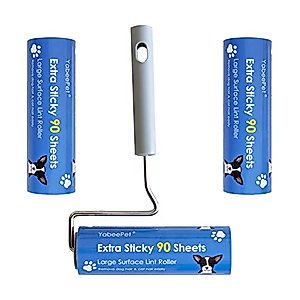 YabeePet Extreme Sticky Large Surface Lint Roller, Long Handle Pet Hair Remover, Designed for Removing Pet Dog Cat Hair 90 Sheets per Roll, 6.3 inch Width (1 Roller+2 Refills)