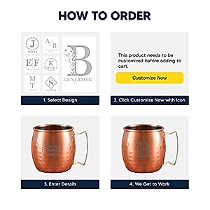 Personalized Custom Brown Mug Hammered Finish Moscow Mule with Brass Handle | Bold Monogram Engraved Bar Style Cup, 18 oz | Set of 4