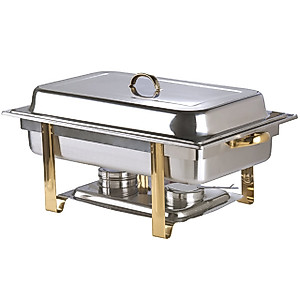 TrueCraftware 8 Qt. Full Size Stainless Steel Oblong Chafing Dish Gold Accent Complete Set- Chafers and Buffet Warmer Sets for Catering Event Party Holiday Buffet Weddings Catering