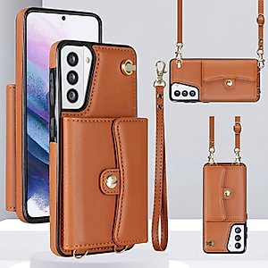 Asuwish Phone Case for Samsung Galaxy S21 5G 6.2 inch Wallet Cover with RFID Blocking Credit Card Holder Wrist Crossbody Strap Lanyard Stand Leather Girls Cell Accessories S 21 21S G5 Women Men Brown