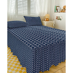 AMZRicher Navy Blue Wrap Around Pleated Bed Skirts for Queen Bed 60x80, Decorative Dust Ruffle Bed Sheet & Bedskirt 18'' Drop Bedspread with Pillow Case 20x30 Contemporary Geometric Modern Stripes