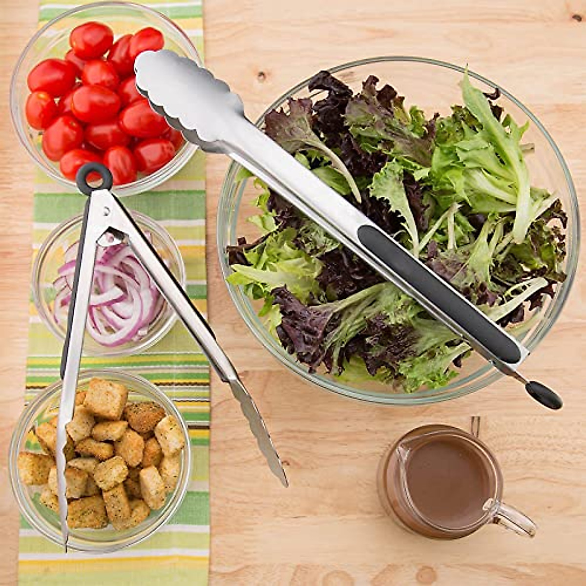 Akuzedos Kitchen Tongs,Stainless Steel Cooking Tongs Silicone Non-slip Grip, Locking Grilling Food Tongs Set of 2, 9" and 12"