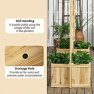 Outsunny Decorative Outdoor Privacy Screen, Freestanding Divider/Separator with 4 Self-Draining Planters, 3 Trellis Plant Support Panels for Garden Walkway, Backyard - Natural Wood