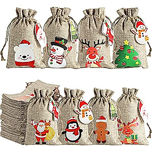 HANSGO Christmas Jute Burlap Bags, 16PCS Small Craft Bags Gift Treat Candy Bags Reusable Burlap Bags with Drawstring for Xmas Party Favor Wedding Supplies