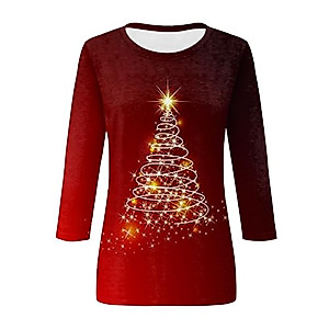 JJHAEVDY Christmas Fall Fashion Sweatshirts for Women Plus Size Tshirts Comfy Color Block Pullover Three Quarter Sleeve Outfit Womens Undershirts Sweatshirts(1-Vermilion,XX-Large)