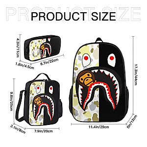 3 PCS Shark Adjustable Shoulder Straps Backpack Cartoon Lunch Bag Camo Large Capacity Stationery Bag Suitable for Climbing Travel