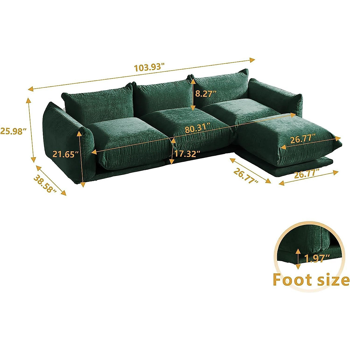 Sdorens Modern Sectional Sofa L Shaped Couch, 3-Seat Sofa with Ottoman for Living Room Apartment Office (103.9 in/Green)