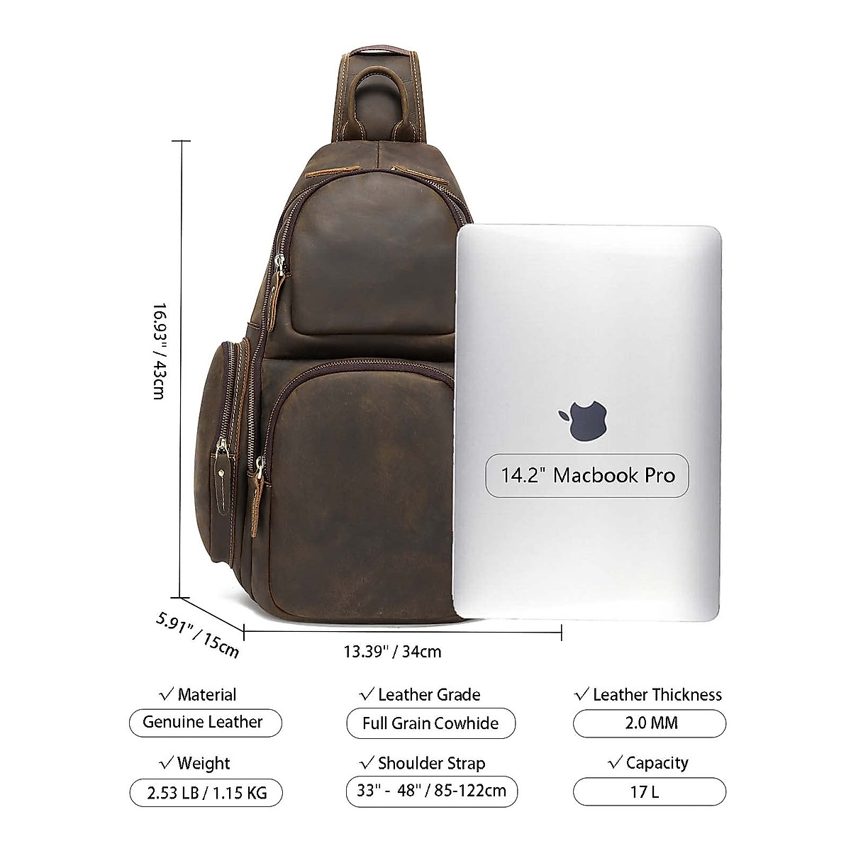 Taertii Full Grain Genuine Leather Sling Bag, Fits 14 inch Laptop, Travel Chest Crossbody Shoulder Sling Backpack Purse Daypack 17L - Brown