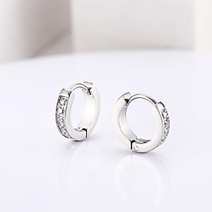 FIBO STEEL 13MM Stainless Steel Small Hoop Earrings for Men Women Huggie Earrings CZ Inlaid Silver-Tone