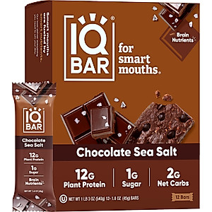 IQBAR Brain and Body Plant Protein Bars - Chocolate Sea Salt - 12-Count Low Carb - Gluten Free, High Fiber, Vegan Snacks - Low Sugar Meal Replacement