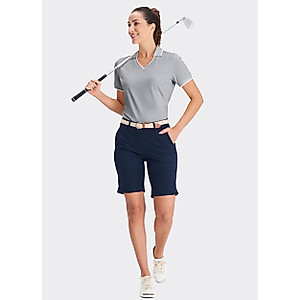 Hiverlay Women's Golf Polo Shirts for Women UPF 50+ Short Sleeve Workout V Neck Tennis Running T-Shirts Quick Dry Tops Grey m