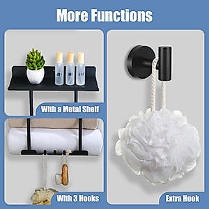 LIHOBI Towel Racks for Bathroom Wall Mounted, 15-30'' Adjustable Towel Holder with Shelf, 3 Hooks, and for Rolled Towels, Towel Storage for Bathroom Organizer, Black