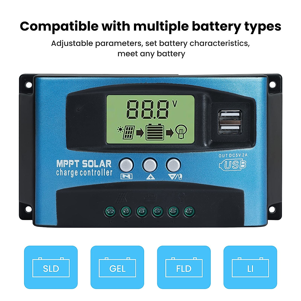 FellDen 50A MPPT Solar Charge Controller 12V/24V, Auto Focus Tracking Solar Panel Battery Regulator Dual USB Port Display Adjustable Parameter LCD Display Multiple Load Control Modes