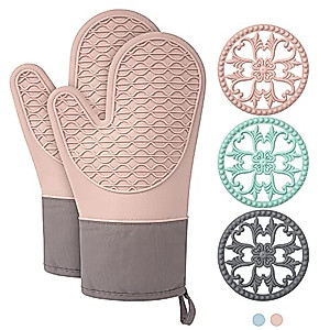 Silicone Oven Mitts Heat Resistant, Oven Mitts and Pot Holders Sets, Kitchen Mittens 5 Piece Set, Oven Gloves for Cooking,Baking,BBQ, Pink Oven Mitts, Easy Clean