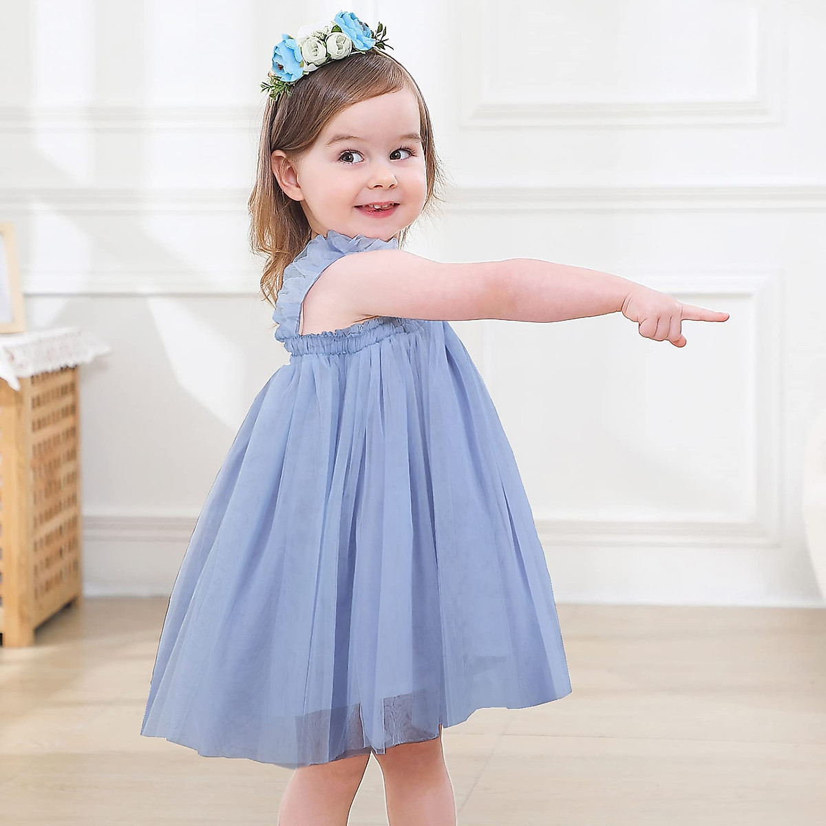 Durio Tutu Dresses for Toddler Girls Birthday Outfit Girl Baby Girl Tulle Dress Infant Dress with Flower Headband Dusty Blue 6-9 Months