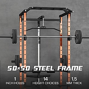 Mappding Power Cage, Power Rack with LAT Pulldown, Multi-Functional Squat Rack, 1500 Lbs Capacity Squat Cage with More Training Attachments for Home Gym, Black&Orange