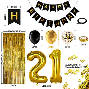 MOVINPE 21st Black Gold Birthday Party Decoration, Happy Birthday Banner, Jumbo Number 21 Foil Balloon, 2 Fringe Curtain, Latex Confetti Balloon, Table Confetti for Boy Girl Men Women Anniversary