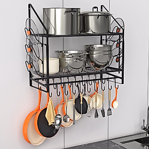 VyGrow 35 Inch Pot Rack Wall Mounted, 2 Tier Pots and Pans Organizer with 20 Hooks and 6 Pot Lid Holders, Heavy Duty Steel Pot and Pan Hanger for Kitchen Cookware Utensils Storage 34.7" Lx13 Wx26.4 H