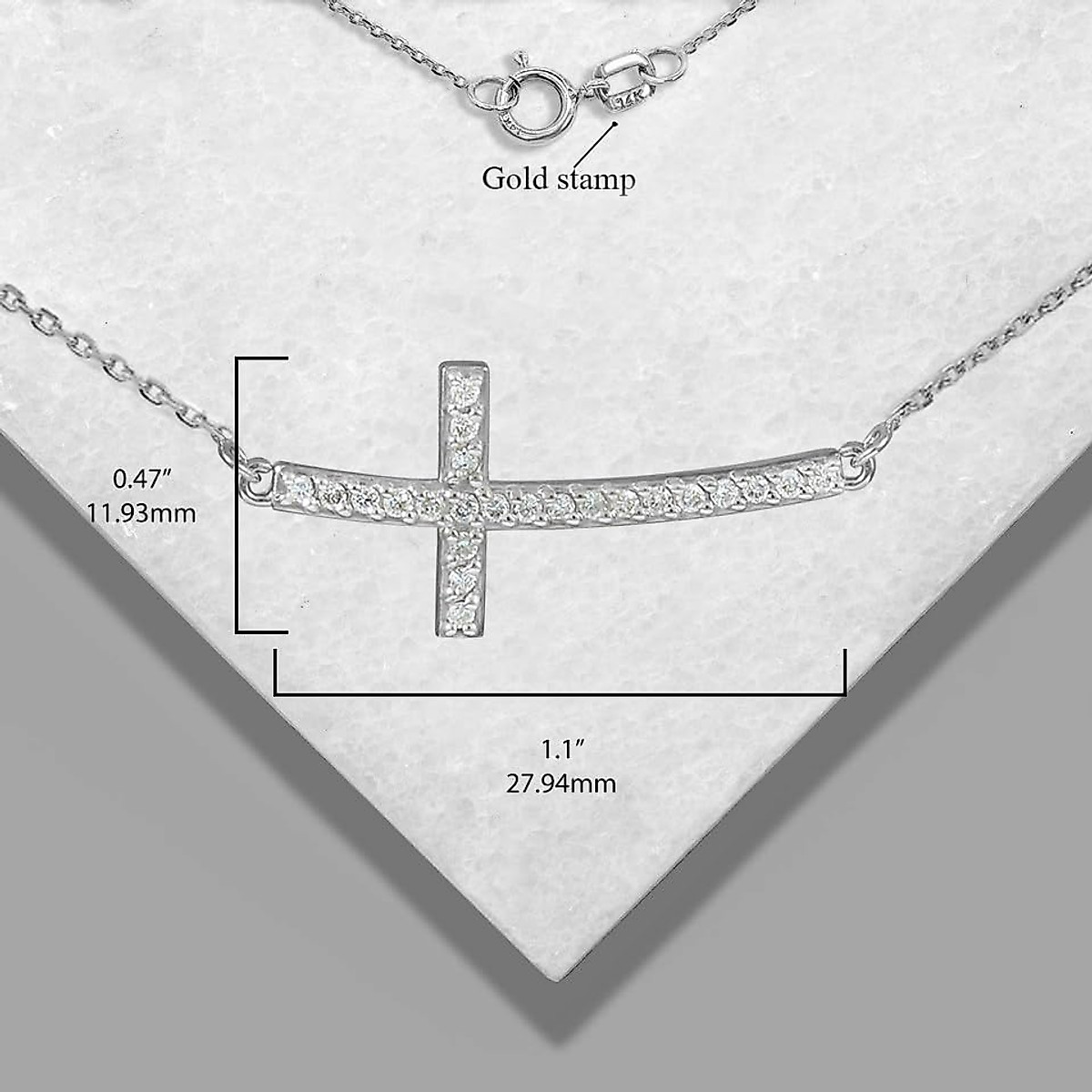 925 Sterling Silver Curved Pendant Stone Studded Sideways Cross Necklace - 16 Inches