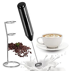 YSSOA Electric Milk Frother Handheld with Stainless Steel Stand Battery Operated Whisk Drink Mixer for Coffee, Frappe, Latte, Matcha, Hot Chocolate, Black (1 Pack, Black2)