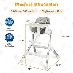 BABY JOY High Chair for Babies & Toddlers, Adjustable Convertible Baby Highchair w/ 5 Heights, Removable Dishwasher Safe Tray, Footrest, 5-Point Safety Harness & Waterproof Seat Cushion, 6-36 Months