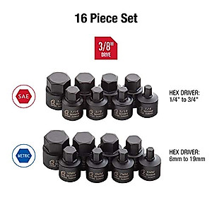 Sunex 3646, 3/8 Inch Drive Low Profile Impact Hex Driver Set, 16-Piece, SAE/Metric, 1/4 Inch - 3/4 Inch, 6mm - 19mm, Cr-Mo Steel, Dual Size Markings, Heavy Duty Storage Case, Meets ANSI Standards