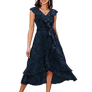 Women's Summer Long Dresses for Women Wedding Guest Floral Textured Wrap V Neck Boho Flowy Dress Navy Blue XL