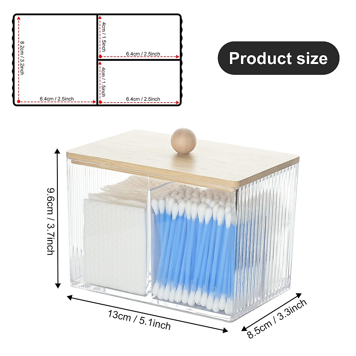 KIMCHOMERSE Wood Lid Qtip Holder Storage, Bathroom Cotton Ball Holder Canisters for Cotton Swab, Cotton Pad, Dental Floss Organizer, Hair Bands Container for Vanity Countertop -Clear