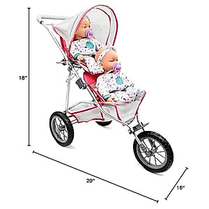 KOOKAMUNGA KIDS Baby Doll Stroller Deluxe Double | Foldable Twin Jog Pram | Retractable Canopy | Premium Pink & Gray Fabric | Soft Grip Handle | Storage Basket Underneath