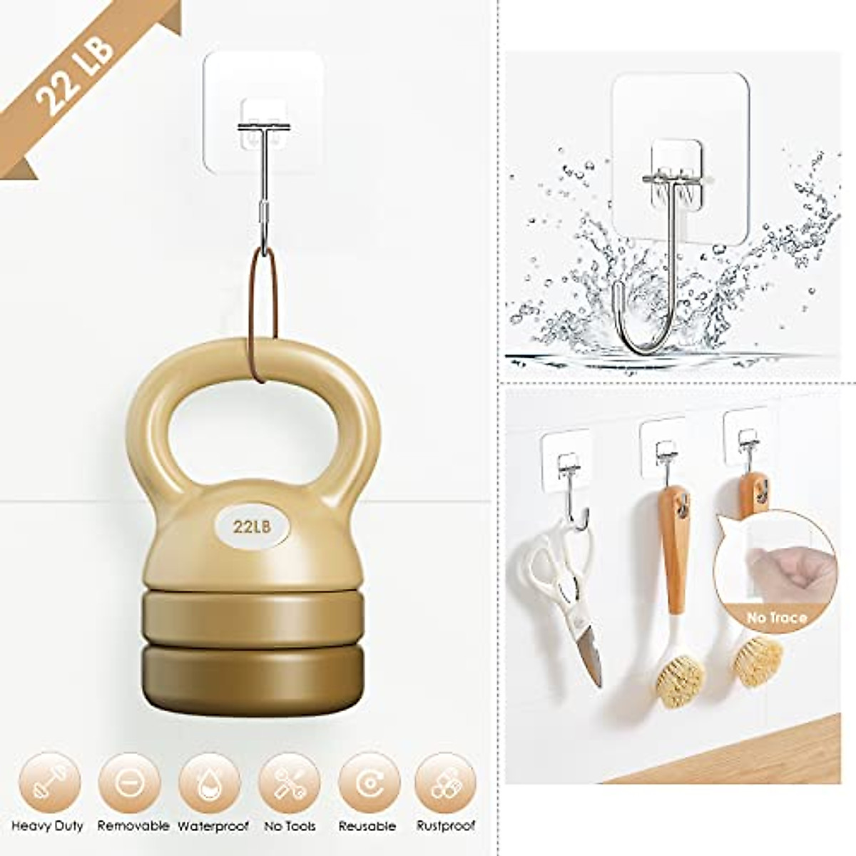 MUSICATE Large Adhesive Hooks, Transparent Self Adhesive Wall Hooks Heavy Duty 22 LB Waterproof Sticky Hooks Reusable Seamless Hooks Utility Hooks for Bathroom Kitchen Ceiling Office 10 Packs