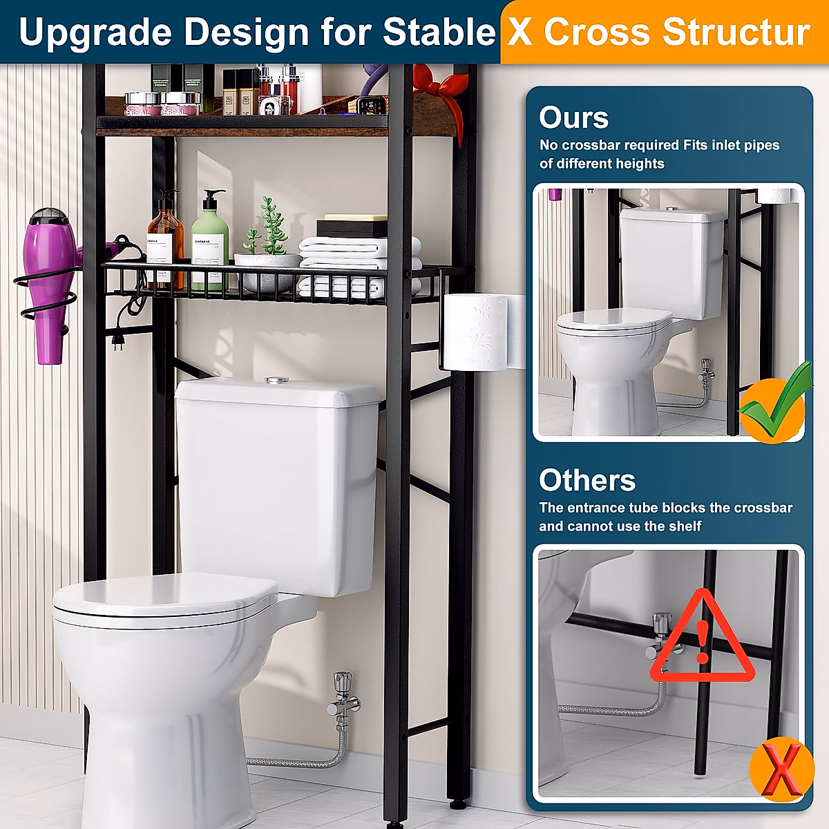 Over The Toilet Storage Cabinet,4 Tier Bathroom Organizers and Storage With Adjustable Shelf Waterproof Feet Pad and Basket ,Multifunctional Space Saver Freestanding Bathroom Shelves With Dividers