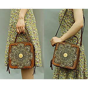 Oludel Women Genuine Leather Handbags, Organizer Leather Lady Satchel Vintage Embossing Totem Crossbody Shoulder Bag (Brown)