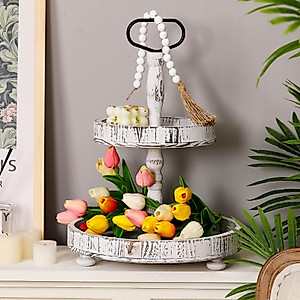 Tiered Tray Cupcake Stand 2 Tiered Tray Stand and Wood Beads Decorative Trays with Handle, Round Rustic Stand for Kitchen, Homeware Display Platters for Party (White)