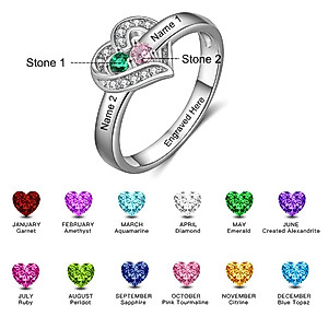 Personalized 2 Birthstones Rings Silver Heart Custom Engraved Name Ring Wedding Family Christmas Mother Days Birthday Anniversary Jewelry (2 stones)