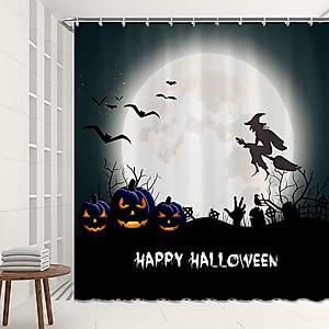 PZMPZM Halloween Shower Curtain Witch Pumpkin Lanterns Full Moon Tombstone Bats Crow Pattern Party Backdrop Cloth Bathroom Polyester Fabric Curtains with Hooks 70Wx70H inch