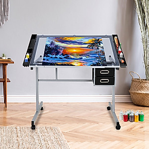 LEMY Drafting Table Adjustable Tilting Tabletop, Artist Drawing Desk with Slide Storage Drawers and Wheels, Art Craft Station for Home Office