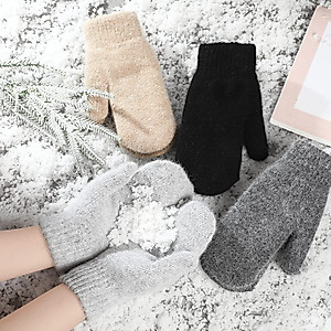 Hicarer 4 Pairs Women Mittens for Women Adult Winter Ladies Mittens Knitted Gloves Warm Fleece Mittens Double Wool Gloves, Black, Grey, Light Grey, Camel, about 3.9 x 9 inches