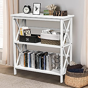 Tangkula 3-Tier Bookcase and Bookshelf, Wooden Open Shelf Bookcase, X-Design Etagere Bookshelf for Home Living Room Office, Multi-Functional Storage Shelf Units for Collection (White)