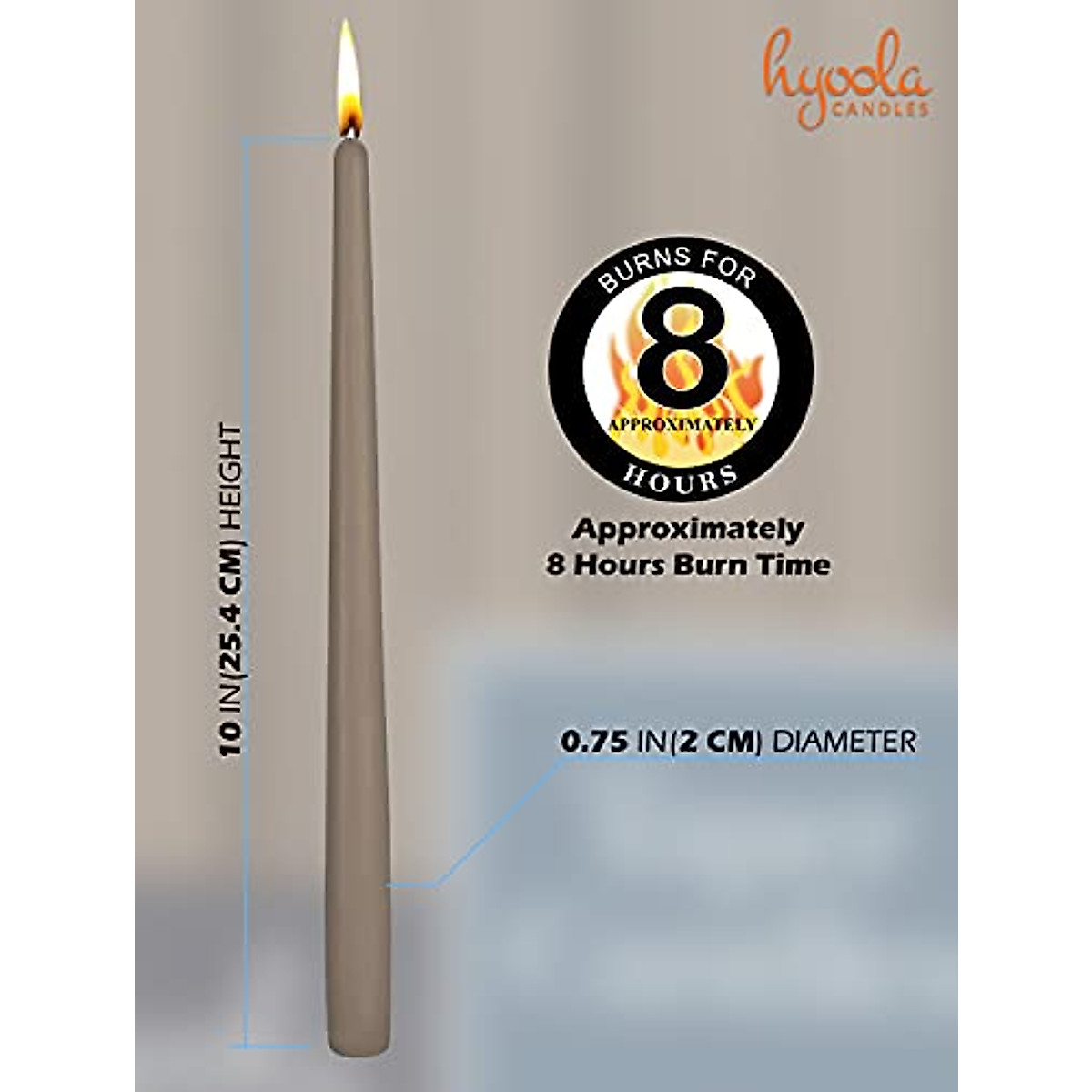 12 Pack Tall Taper Candles - 10 Inch Taupe Gray Dripless, Unscented Dinner Candle - Paraffin Wax with Cotton Wicks - 8 Hour Burn Time