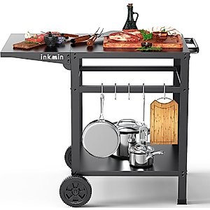 inkmin Pizza Oven Cart Table Outdoor Grill Cart Double-Shelf Movable BBQ Grill Table Stand Stainless Kitchen Food Prep Trolley Worktable Commercial Multifunctional Portable Dining Cart (Double-Deck)