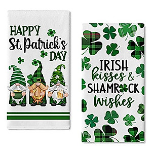 Seliem Happy St. Patrick's Day Gnome Clover Kitchen Dish Towel Set of 2, Irish Kisses Shamrock Wishes Hand Towel Green Check Drying Baking Cooking Cloth, Spring Holiday Home Kitchen Decor 18x26 Inches