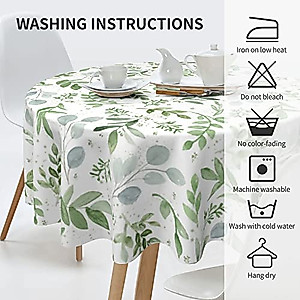 Spring Floral Teal Sage Green Tablecloth Round 60 Inch Watercolor Eucalyptus Leaf Round Table Cloth Wrinkle Resistant Washable Table Cover for Kitchen Dining Room Holiday Party Picnic Patio