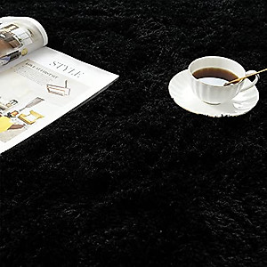 Soft Black Rug for Living Room, Washable 4'X6' Fluffy Shag Area Rug for Bedroom Nursery Room, Throw Shaggy Furry Carpet, Rectangle Faux Fur Plush Fuzzy Rugs for Beside Teen Room Home Décor