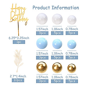 Blue Balls Cake Topper Boho Grass Cake topper Blue White Gold Pearl Balls Happy Birthday Cake Decorations for Wedding Baby Shower Birthday Boho Themed Party Supplies (Blue)