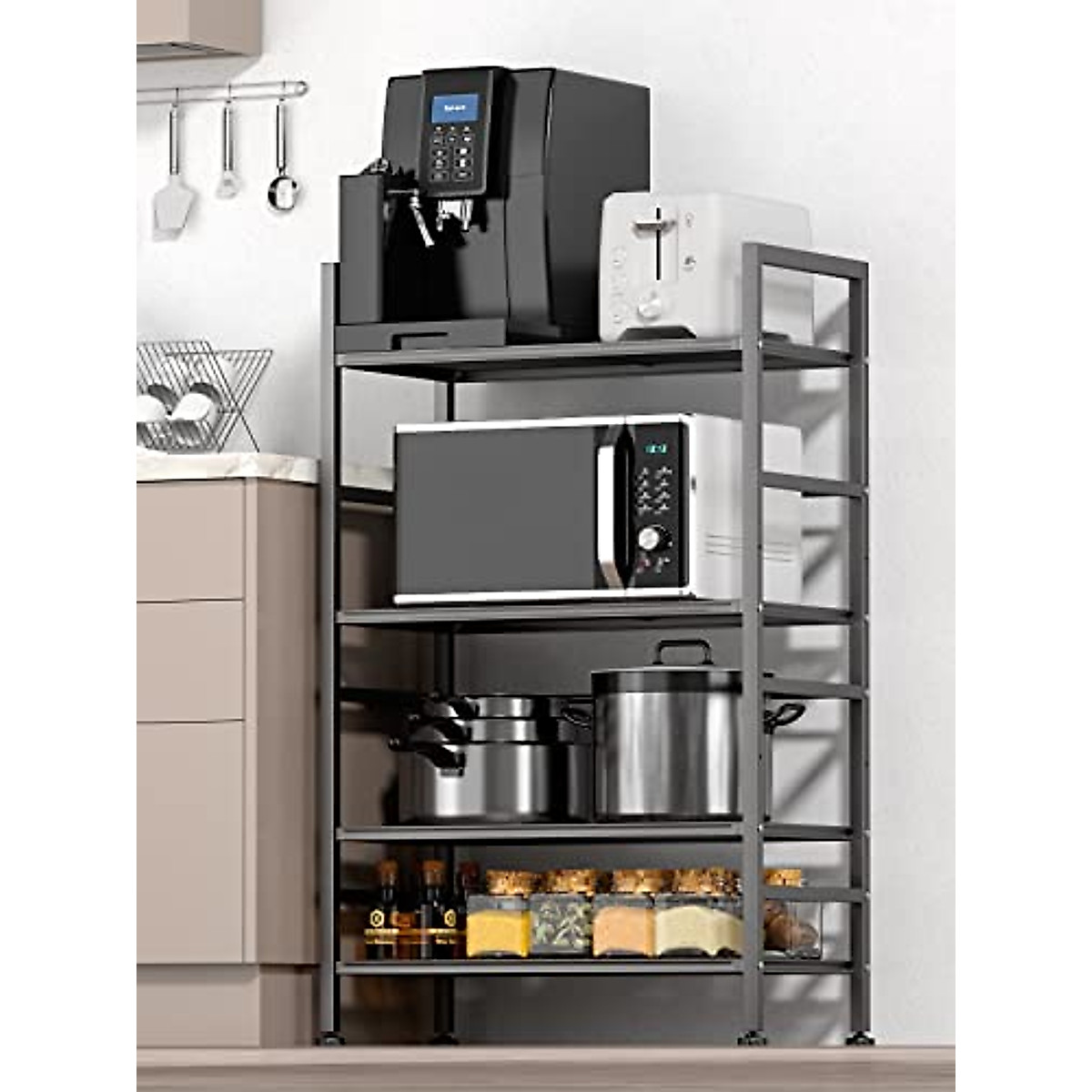 EKNITEY Adjustable Storage Shelf, Metal Kitchen Shelving, Microwave Oven Shelf Utility Storage Shelf with 4 Hooks(4-Tier)