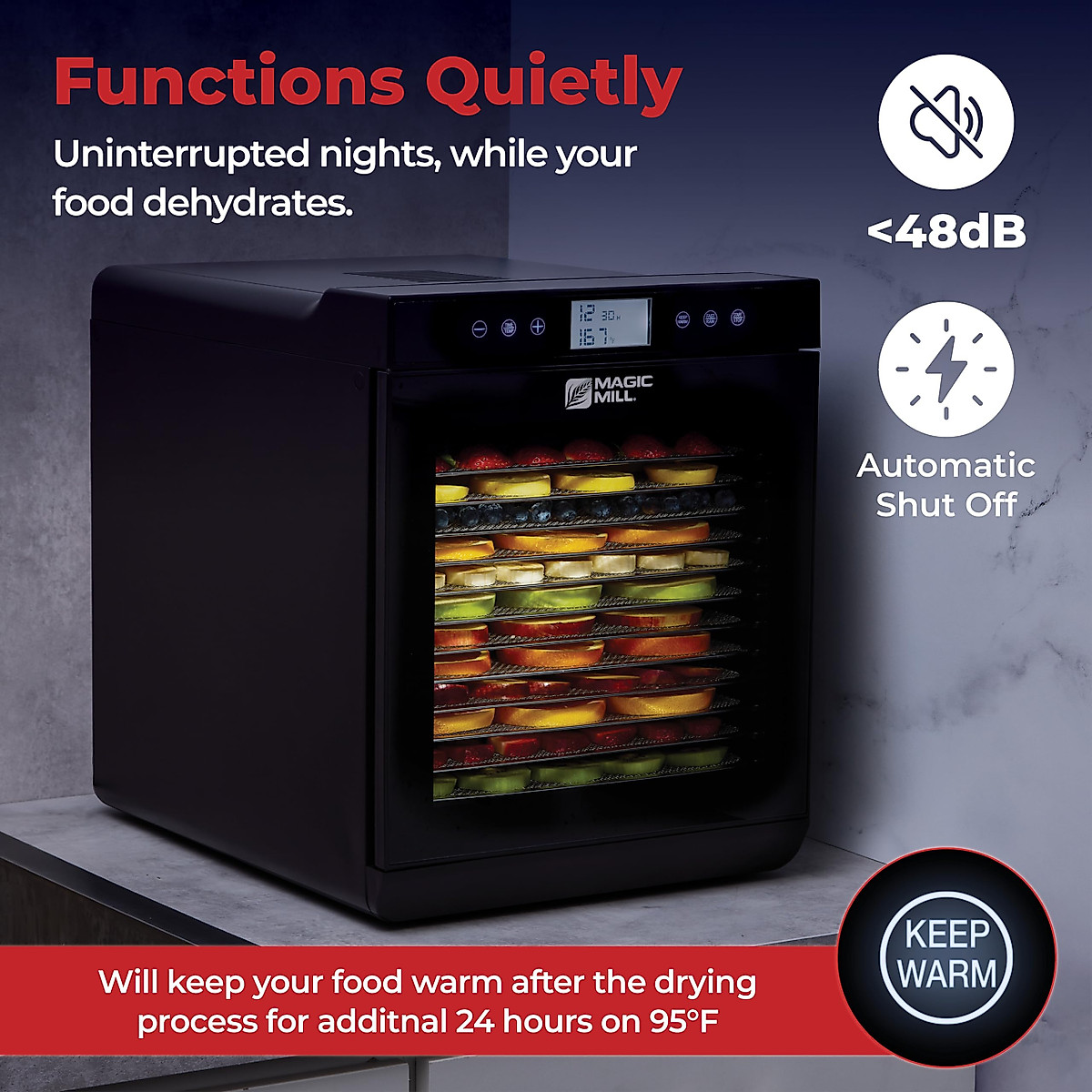 Magic Mill Food Dehydrator Machine (10 Stainless Steel Trays) Digital Adjustable Timer | Temperature Control | Keep Warm Function | Dryer for Jerky, Herb, Meat, Beef, Fruit and To Dry Vegetables